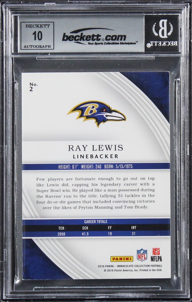 Ray Lewis Signed 2016 Immaculate Collection #2 26/99 Card Auto 10! BAS ...