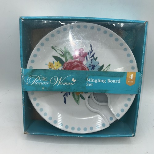 NEW The Pioneer Woman Floral Mingling Board Set 4 Appetizer Plates Wine ...