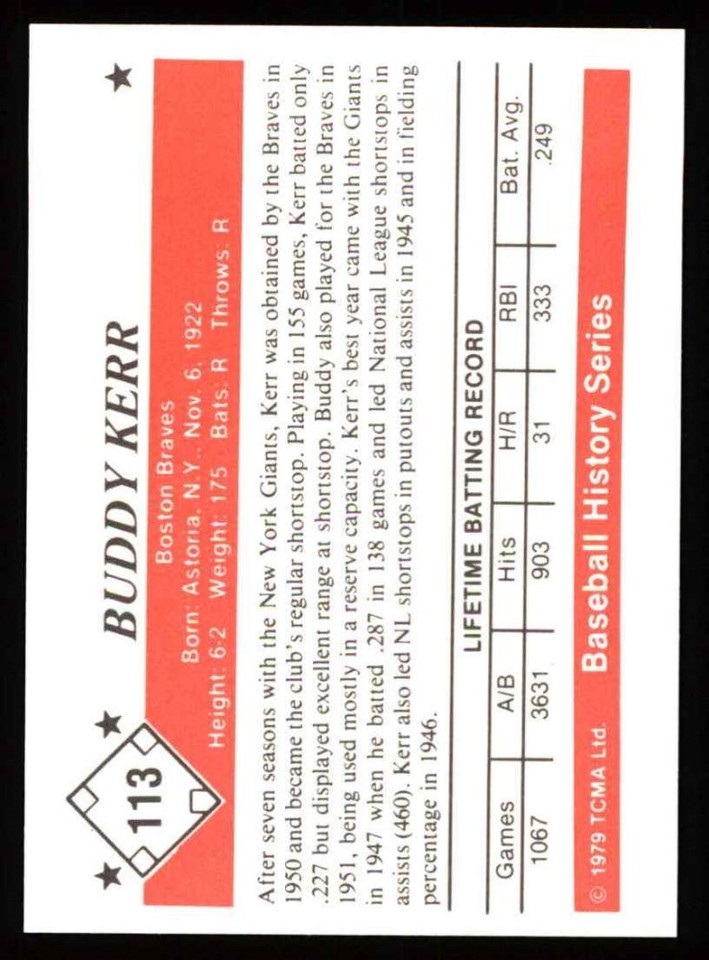 1979 TCMA The 1950's #113 Buddy Kerr Braves 8 - NM/MT | eBay