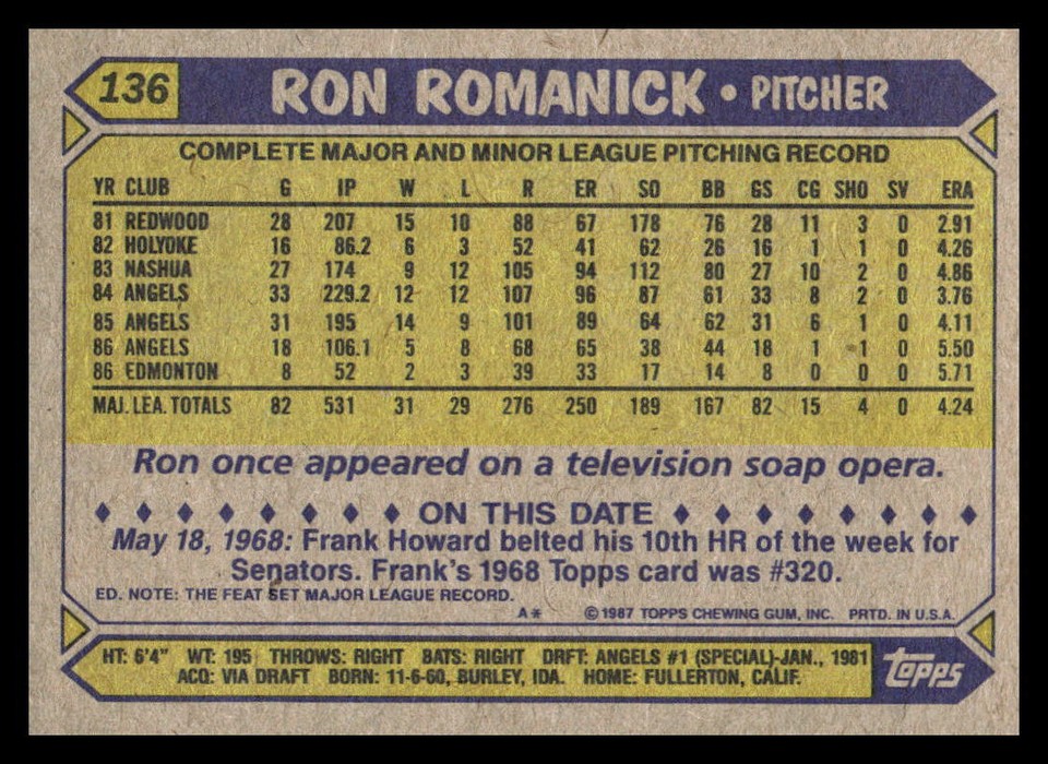 1987 Topps #136 Ron Romanick California Angels | eBay