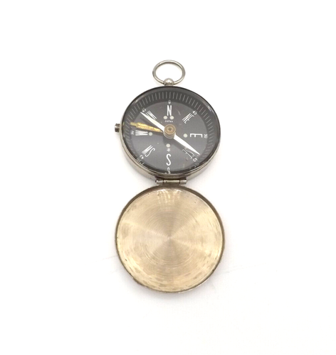 VTG Japanese Compass Pocket Watch Style Black Dial Silver Tone Metal ...