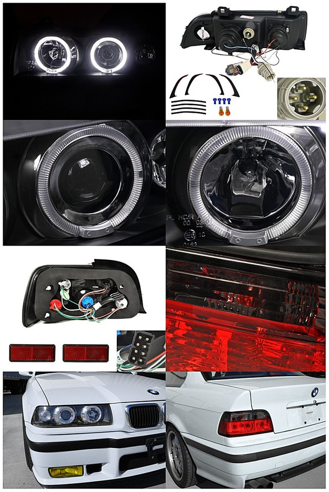 For BMW E36 2DR Coupe Black Halo Projector Headlights+Red/Smoke Tail ...