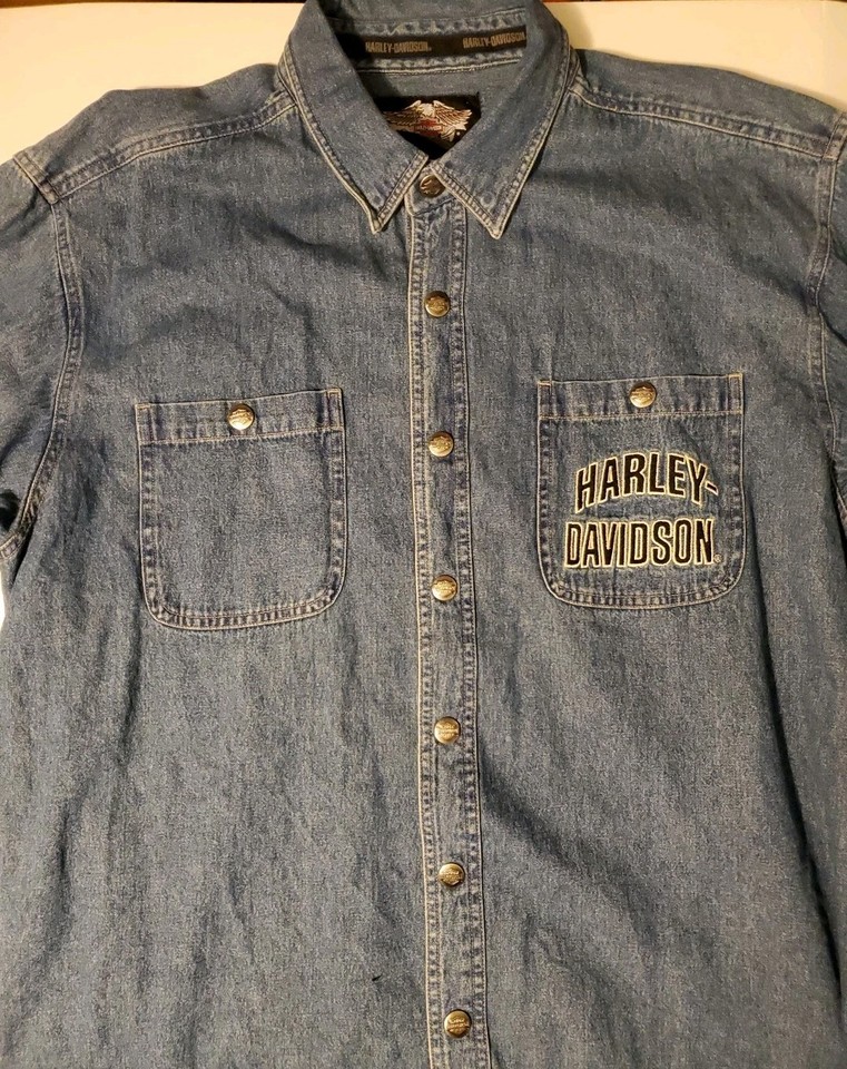 Harley Davidson Shirt Shacket Men XL Blue Denim Embroidered Biker ...