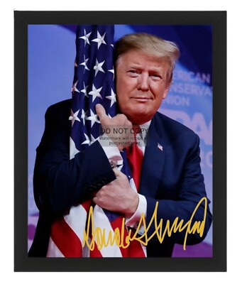 PRESIDENT DONALD TRUMP HUGGING AMERICAN FLAG AUTOGRAPHED 8X10 FRAMED ...