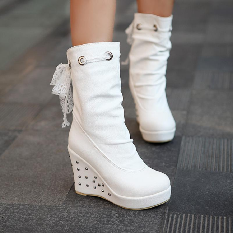 White Embellished Wedge Boot