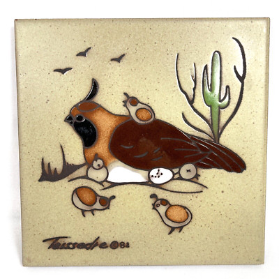 Cleo Teissedre Ceramic Tile Trivet Quail Cactus 6” 1982 Southwestern | eBay