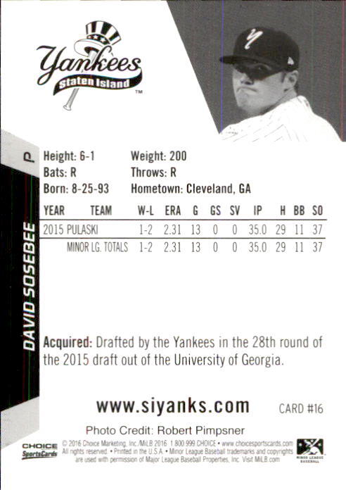 2016 Staten Island Yankees Choice #16 David Sosebee Cleveland Georgia ...