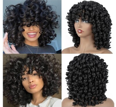 12 Inch Afro Kinky Curly Wig with Bangs Short Curl Synthetic Bouncy ...