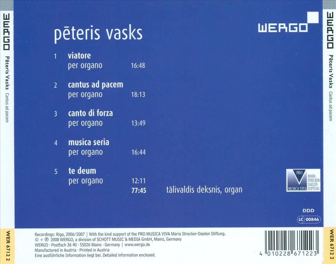 TALIVALDIS DEKSNIS PETERIS VASKS: CANTUS AD PACEM NEW CD 4010228671223 ...