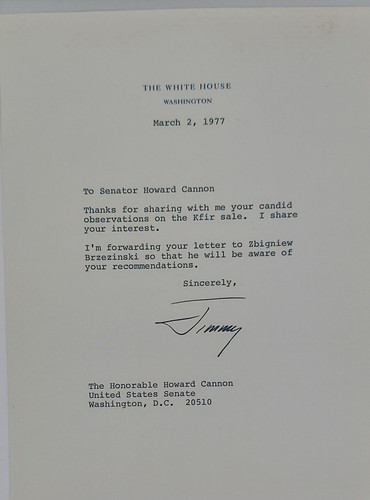 Jimmy Carter Signed White House Letter To Sen Howard Cannon Kfir Sale ...