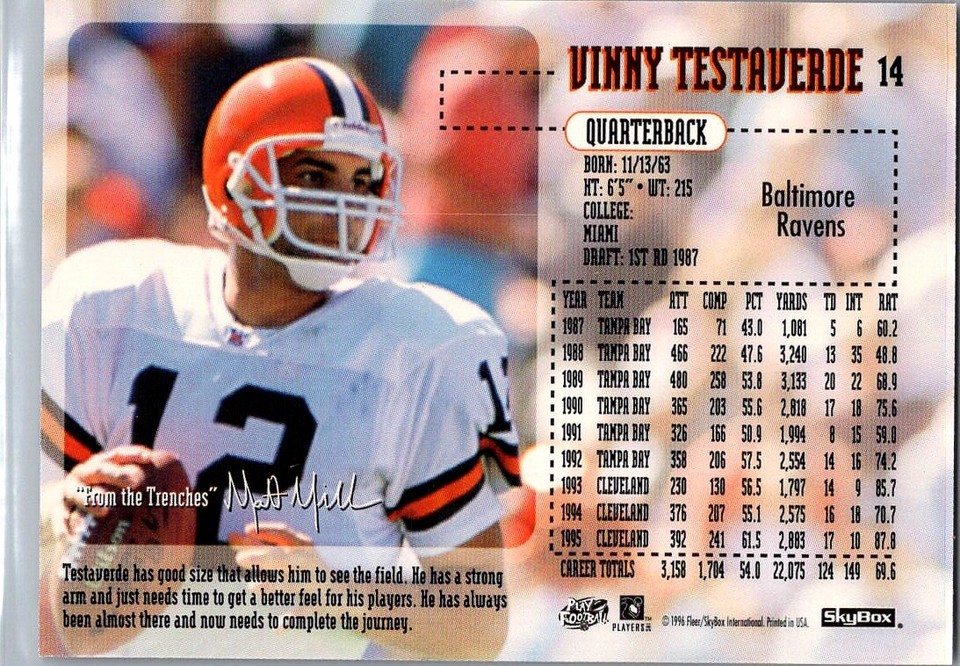 # 14 Vinny Testaverde Baltimore Ravens 1996 SkyBox Impact | eBay