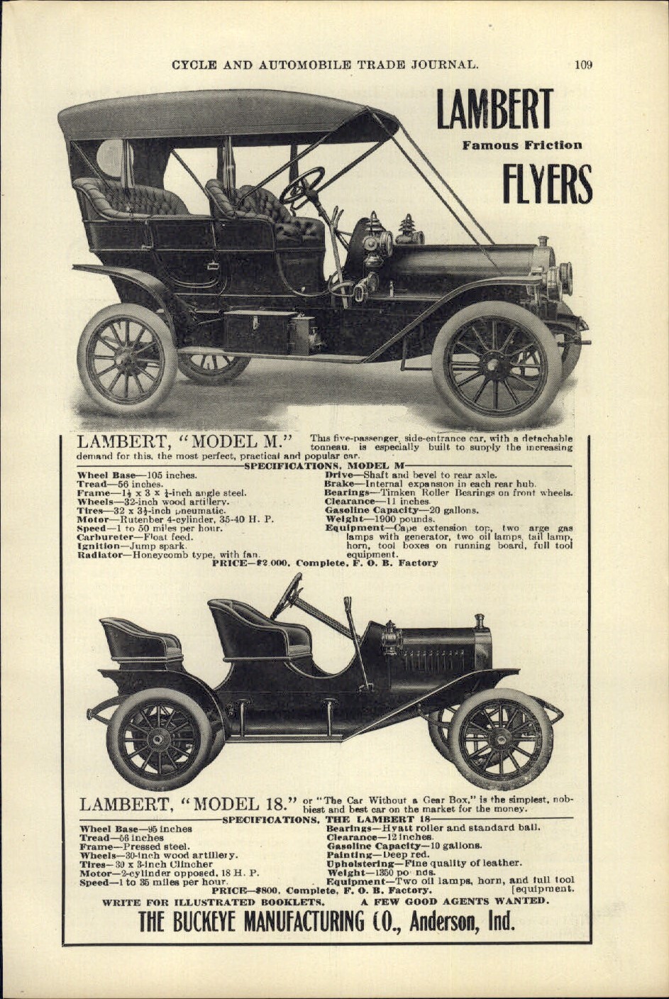 1908 PAPER AD CAR AUTO Lambert Model M 18 Friction Flyer Automobile ...