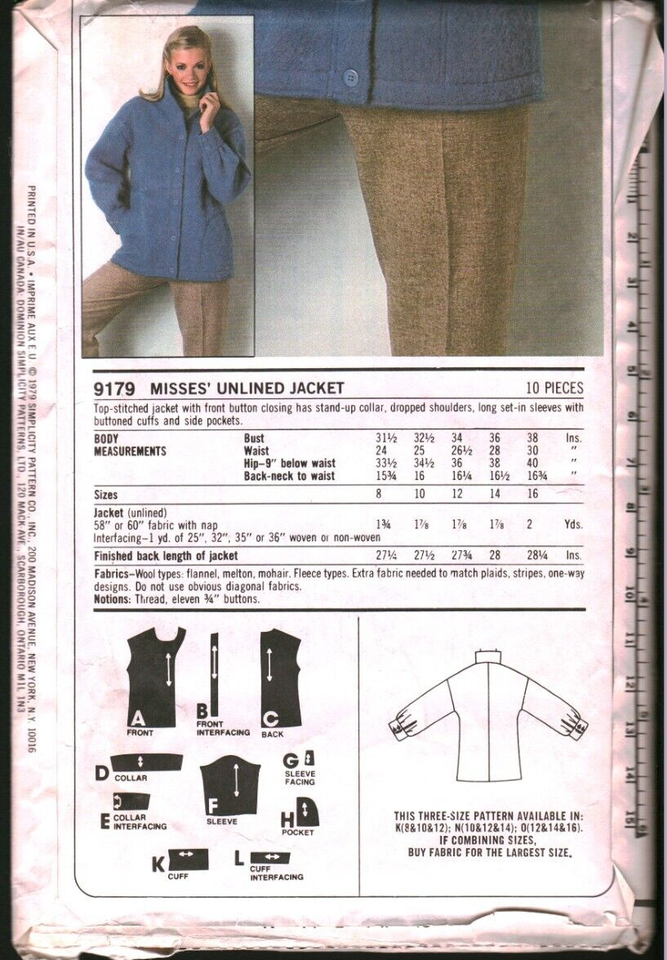 9179 Vintage Simplicity Sewing Pattern Misses UNCUT Unlined Jacket 10 ...