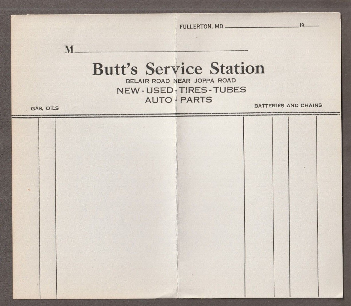 1950's-60's BUTT'S SERVICE STATION Repair ORDER FORM ~ Belair Rd ...