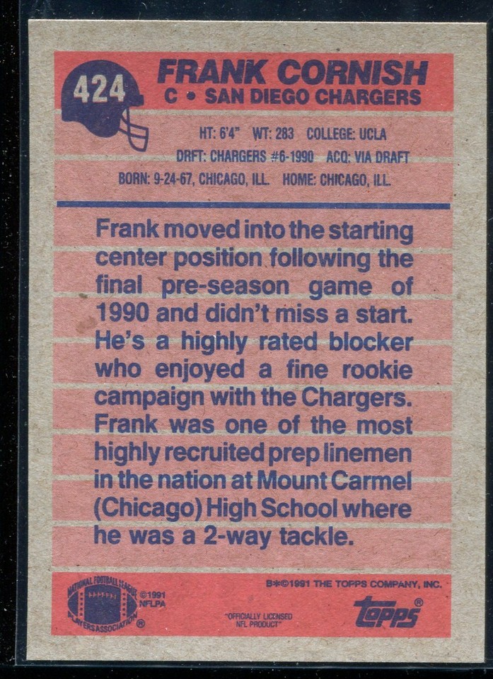 1991 Topps Football Frank Cornish #424 San Diego Chargers | eBay
