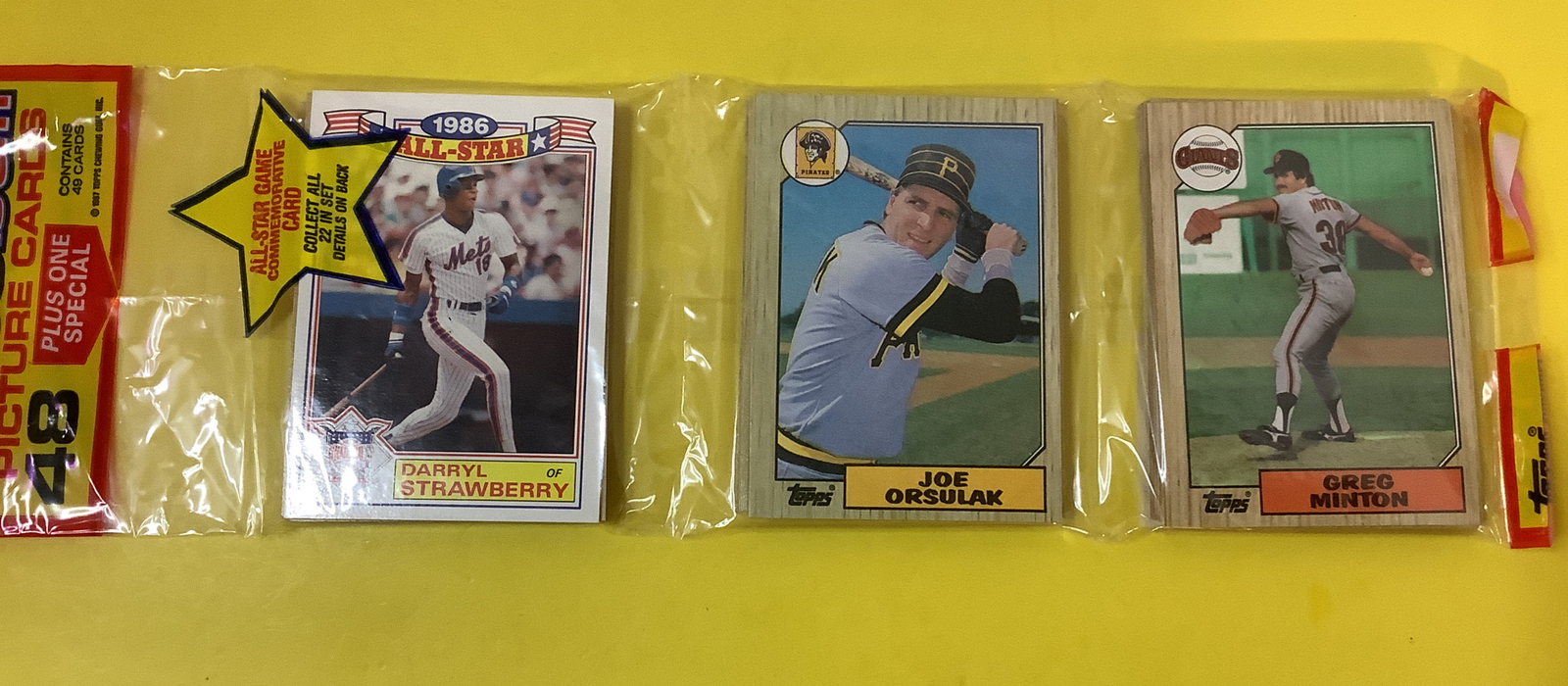 1987 Topps rack pack baseball AS Darryl Strawberry front RC John Kruk ...