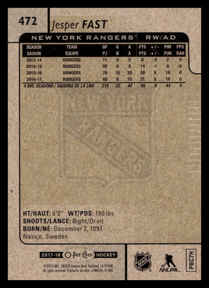 2018 O-Pee-Chee #472 Jesper Fast New York Rangers | eBay