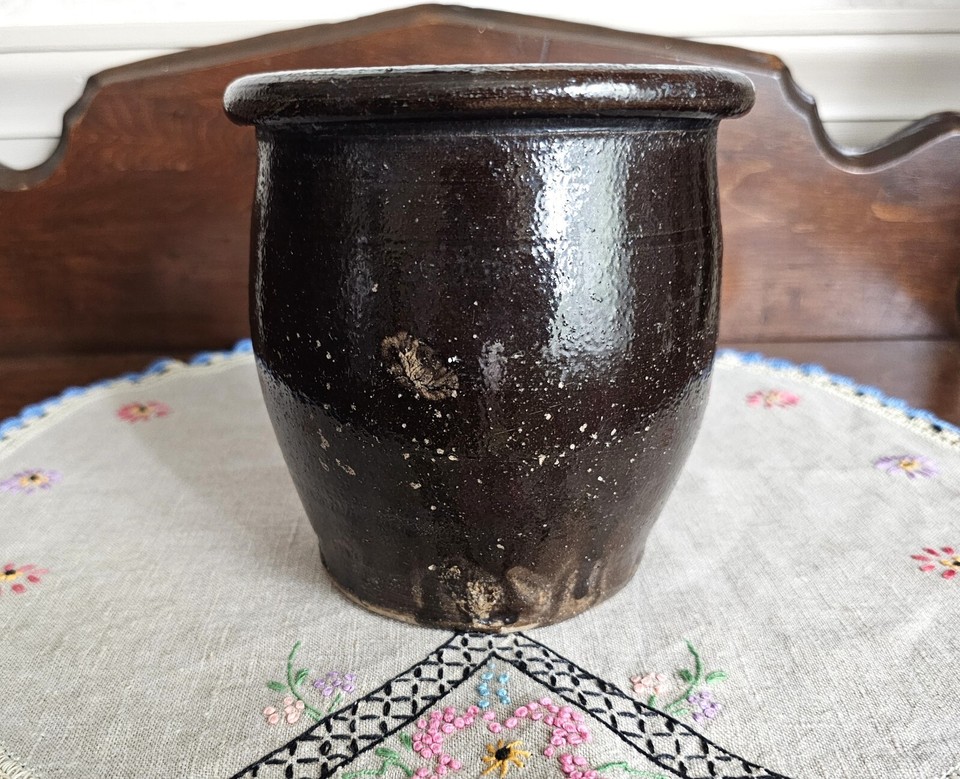 Antique Primitive Apple Butter Crock Brown Glaze 1800s PA Dutch Redware ...