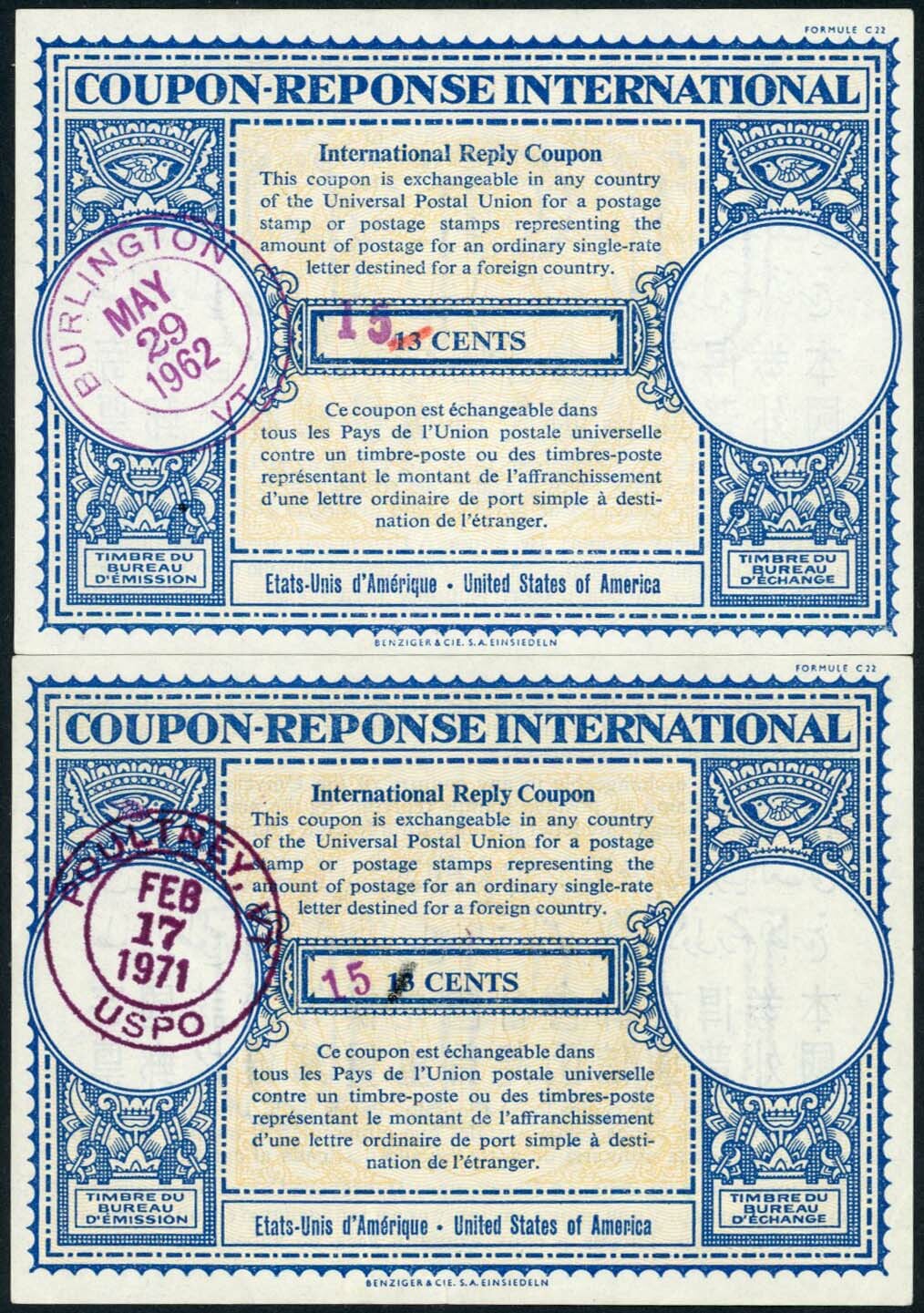 2 REPLY PAID COUPONS REVALUED IRCs 1962-71 .. VERMONT POSTMARKS USA | eBay