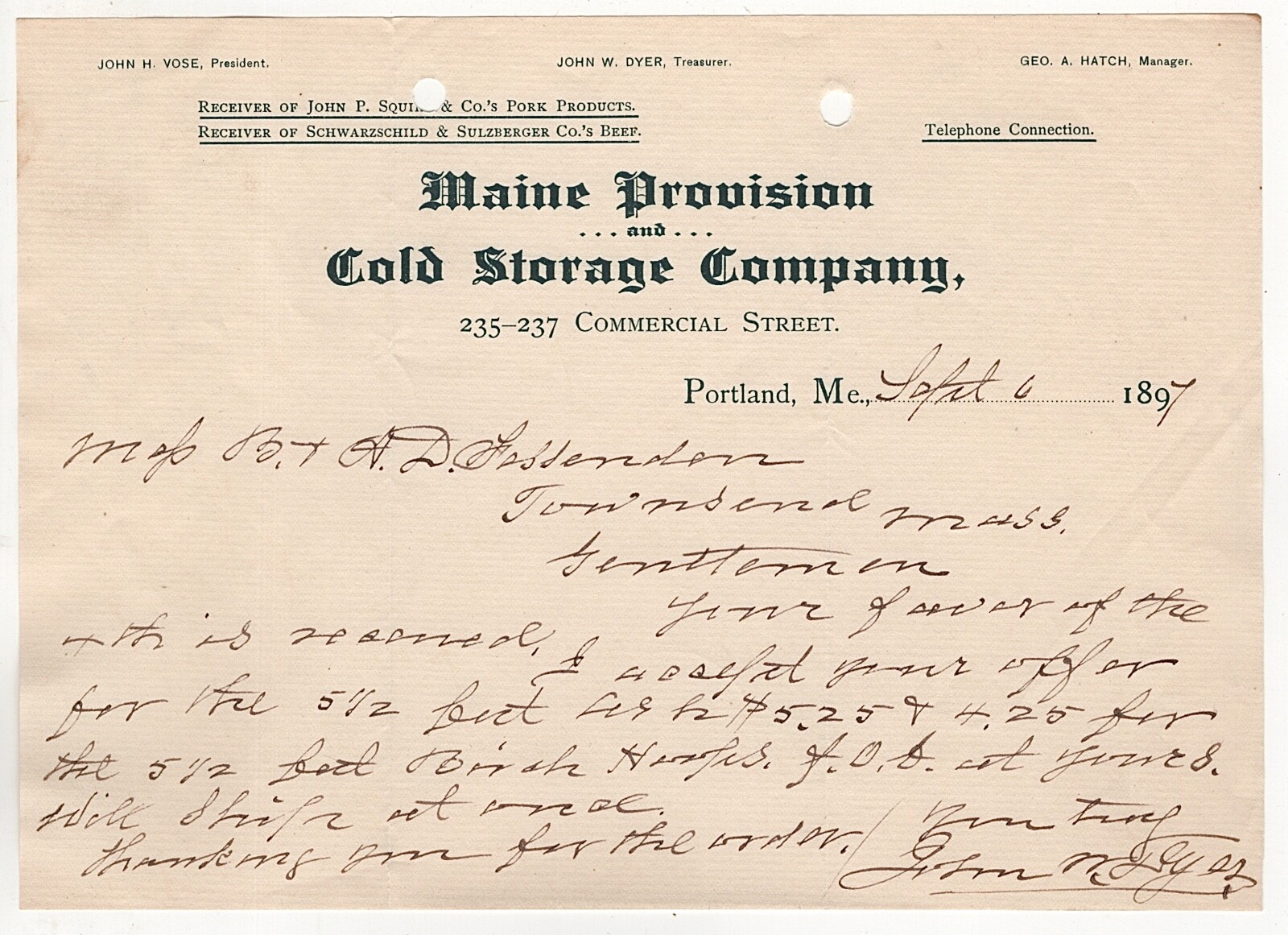 1897 MAINE PROVISIONS COLD STORAGE LETTERHEAD COMMERCIAL ST PORTLAND ...