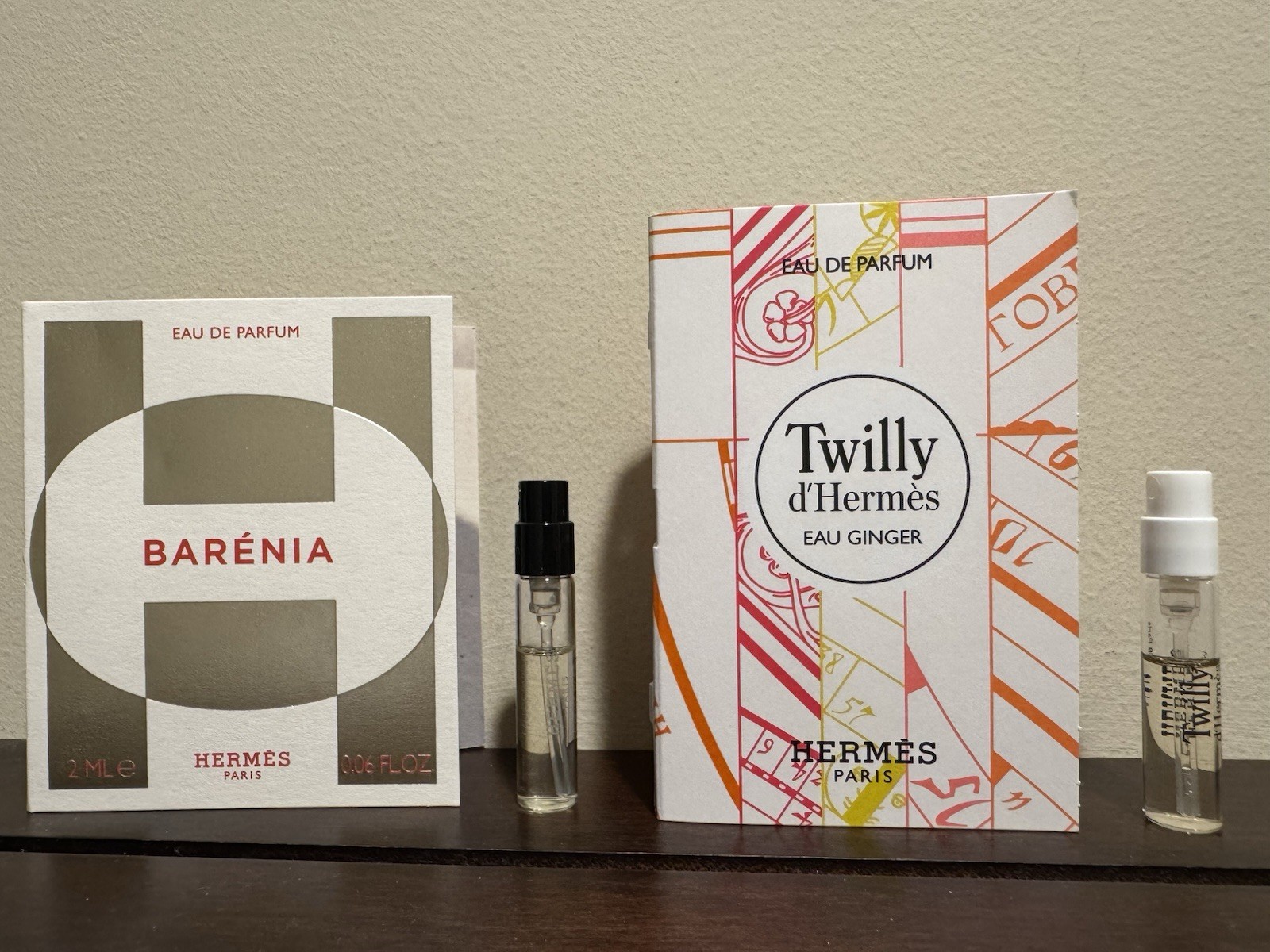 Two Hermes Barenia Twilly d'Hermes Eau Ginger EDP Perfume Samples 2 ml ...