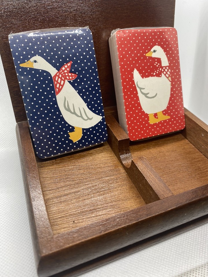 Playing Cards in Hinged Wood Box with Divided Compartments, Duck on Lid ...