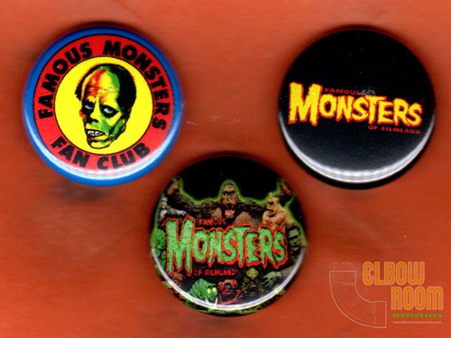 Set of three 1" Famous Monsters pinback buttons pins reproduction fan ...
