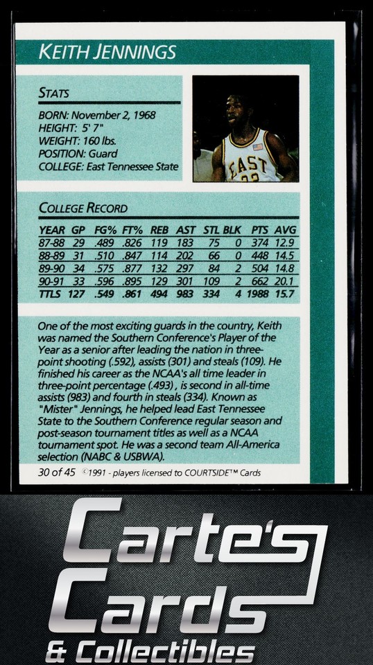 Keith Jennings 1991 Courtside #30 East Tennessee State Buccaneers | eBay