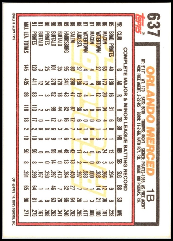 1992 Topps #637a Orlando Merced - Gold Winners FREE SHIPPING! | eBay