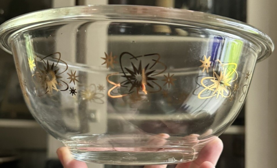 RARE Vintage Pyrex Atomic Starburst Gold Glass bowl 323 1 1/2 Qt PROMO ...