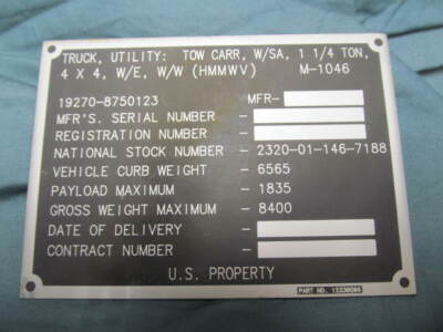 M-1046 Humvee Blank Data Plate | eBay