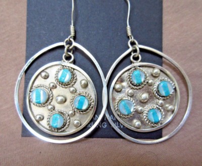 Native Zuni Turquoise & Mother of Pearl Sterling Hook Earrings JE0413 ...