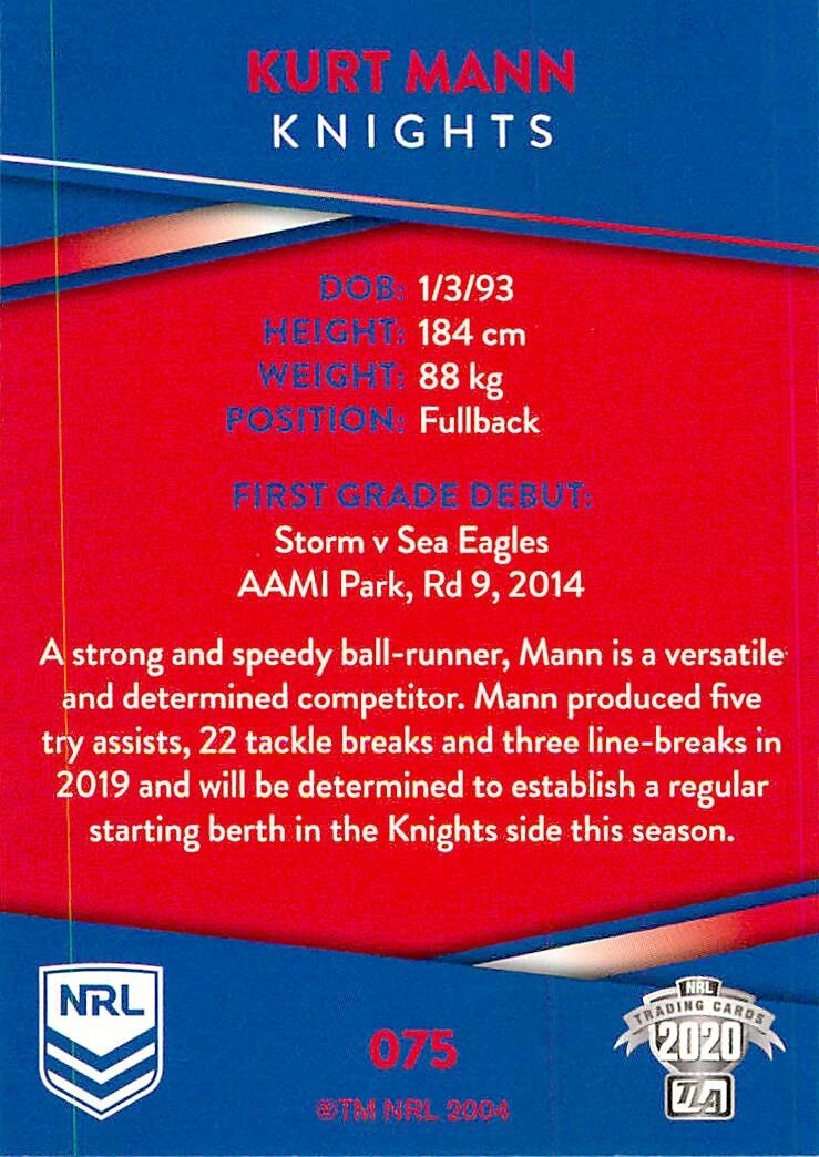2020 NEWCASTLE KNIGHTS NRL Card KURT MANN Traders | eBay