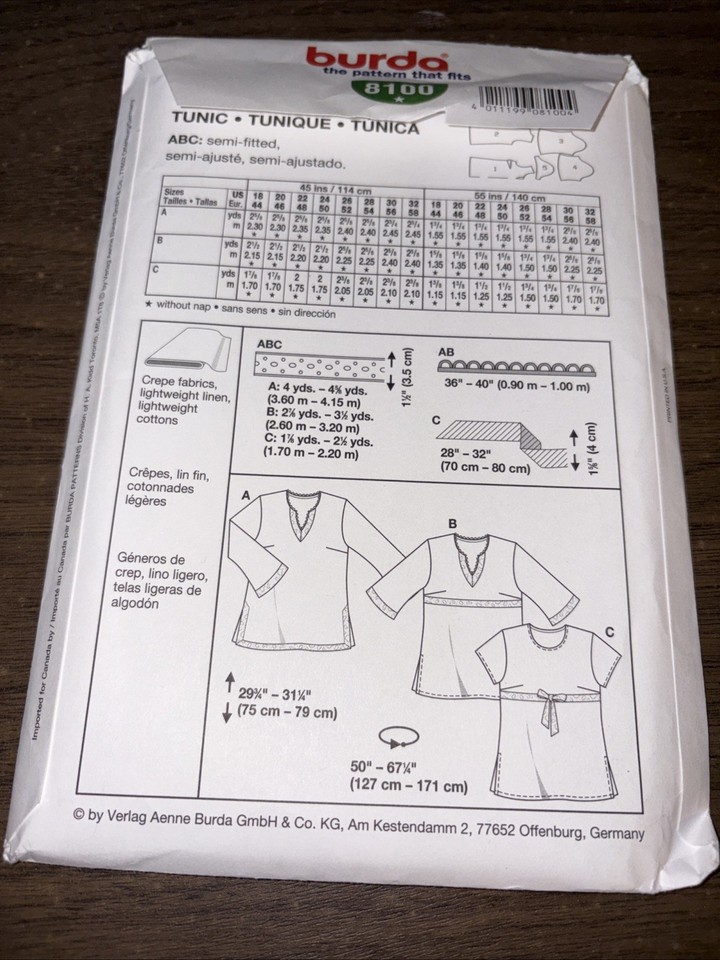 Burda Women’s Tunic Sewing Pattern 8100 Plus Size 18-32 (Eur 44-58 ...
