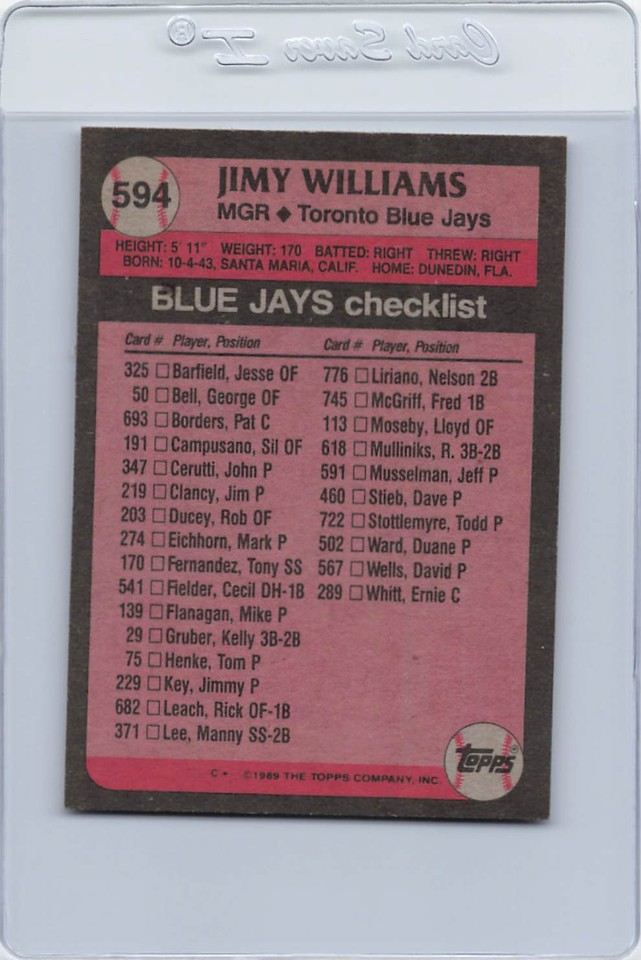 1989 Topps #594 Jimy Williams Blue Jays Signed Auto *G2852 | eBay