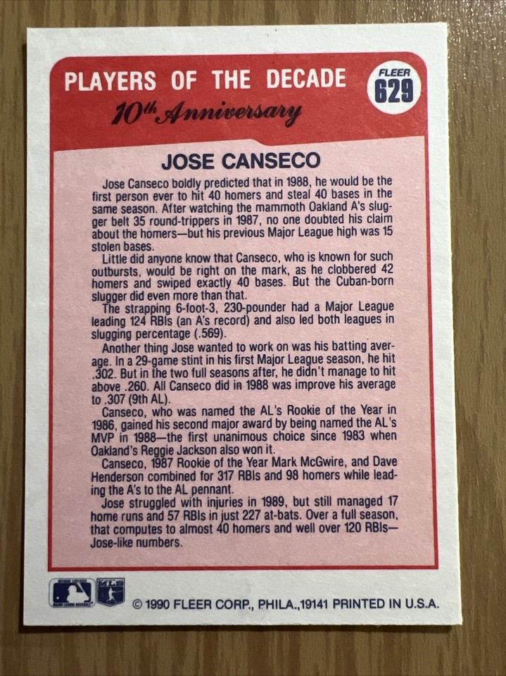 1990 Fleer POD, UER #629 Jose Canseco MINT | eBay