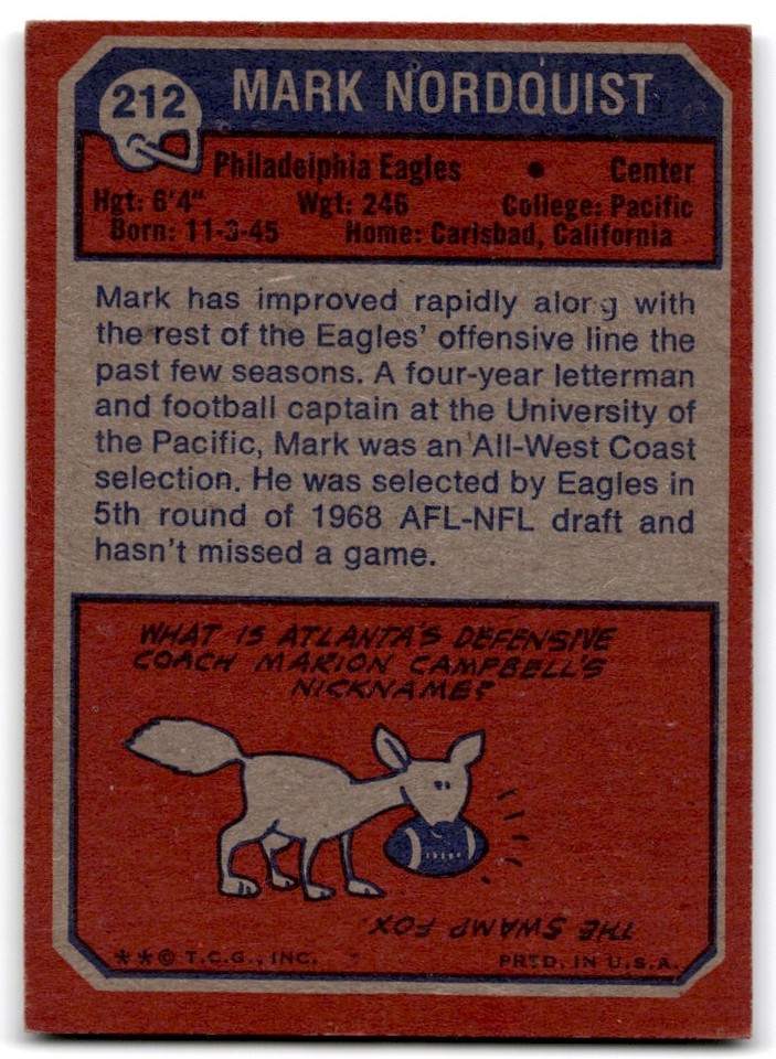 1973 Topps Mark Nordquist Philadelphia Eagles #212 | eBay