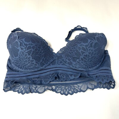 PINK Victorias Secret Large Lightly Lined Bralette Bra Blue Floral Lace ...