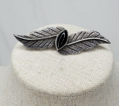 Vintage Sterling Silver Leaf Brooch Black Onyx Stone Textured Pin ...