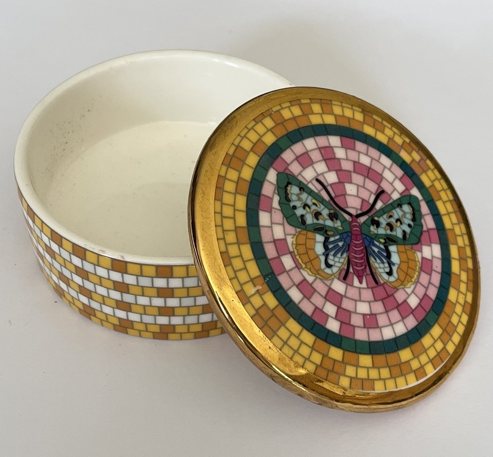 Anthropologie Bistro Tile Trinket Box Butterfly Darcy Gold Round 3”D ...