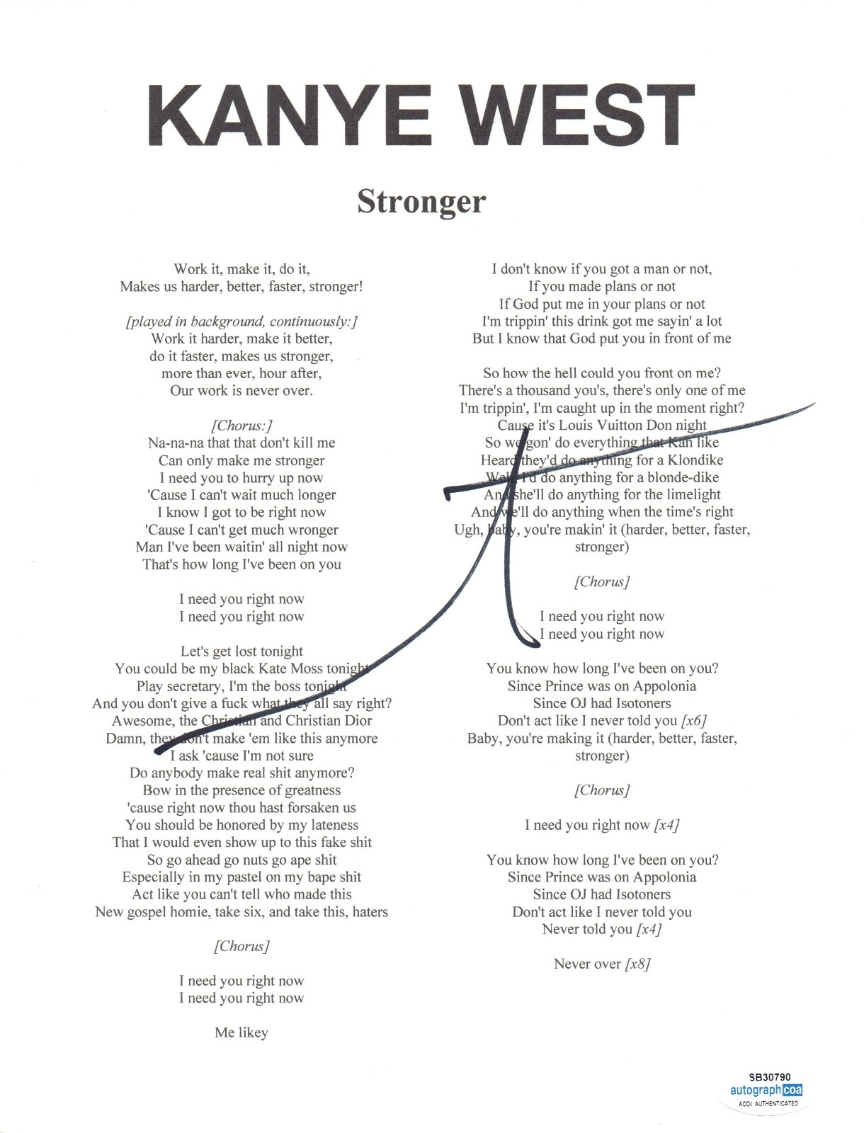 Kanye West Signed Autograph Stronger 8.5x11 Lyric Sheet Graduation Ye ...