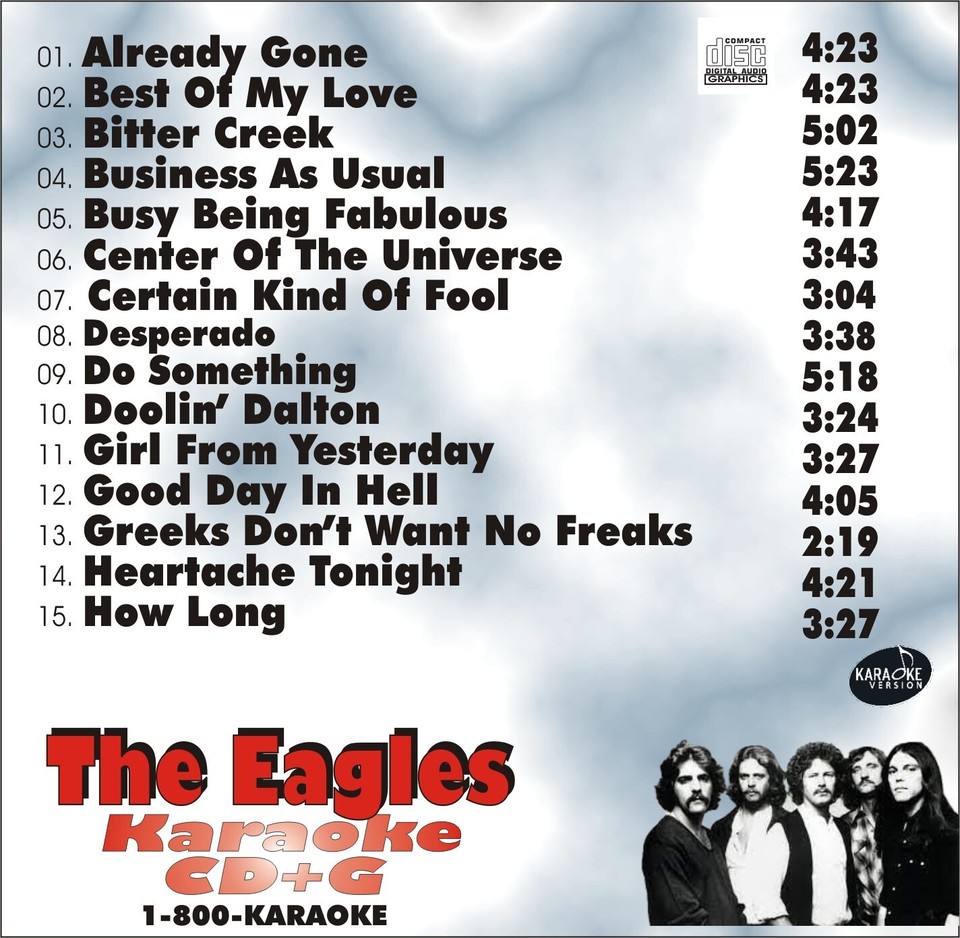 CUSTOM KARAOKE EAGLES 15 GREAT SONGS NEW cdg CD+G HARD-TO-FIND SONGS DESPERADO | eBay