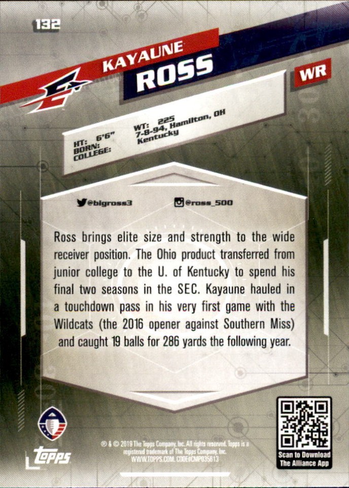 2019 Topps AAF #132 Kayaune Ross RC - NM-MT | eBay