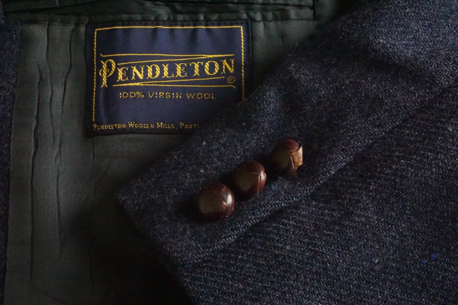 Pendleton VINTAGE Virgin Wool Tweed Blue Leather Deta… - Gem