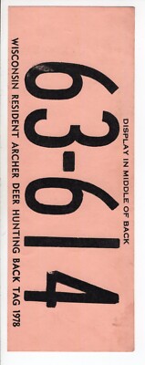 1978 WISCONSIN RESIDENT ARCHERY DEER HUNTING LICENSE BACKTAG-MICHIGAN ...