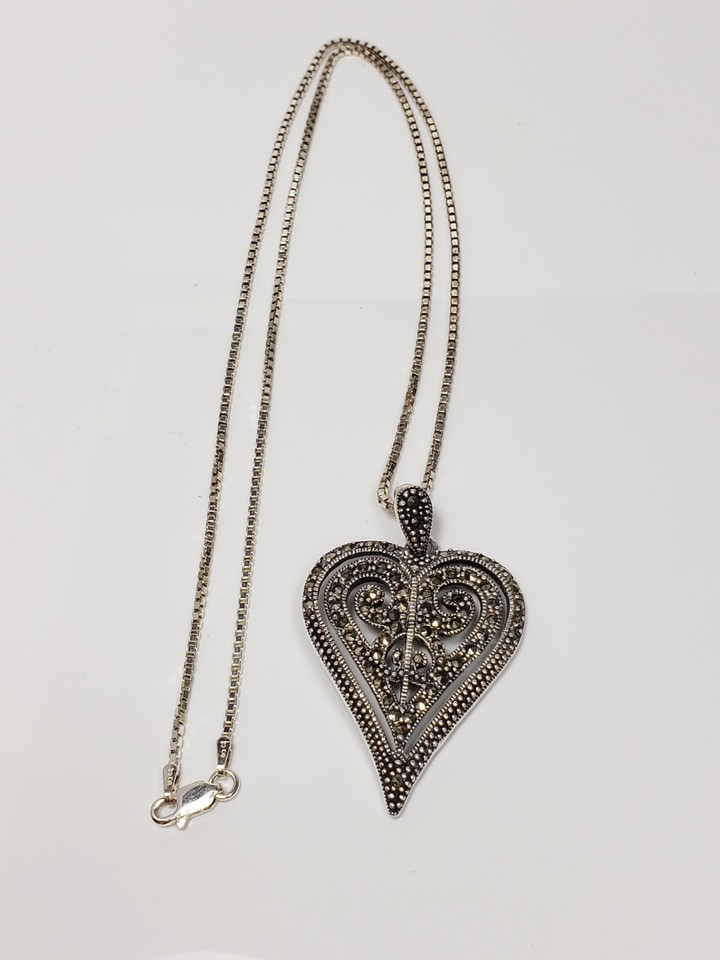 16g Large Vintage Marcasite Heart Sterling Silver Filigree Pendant On ...
