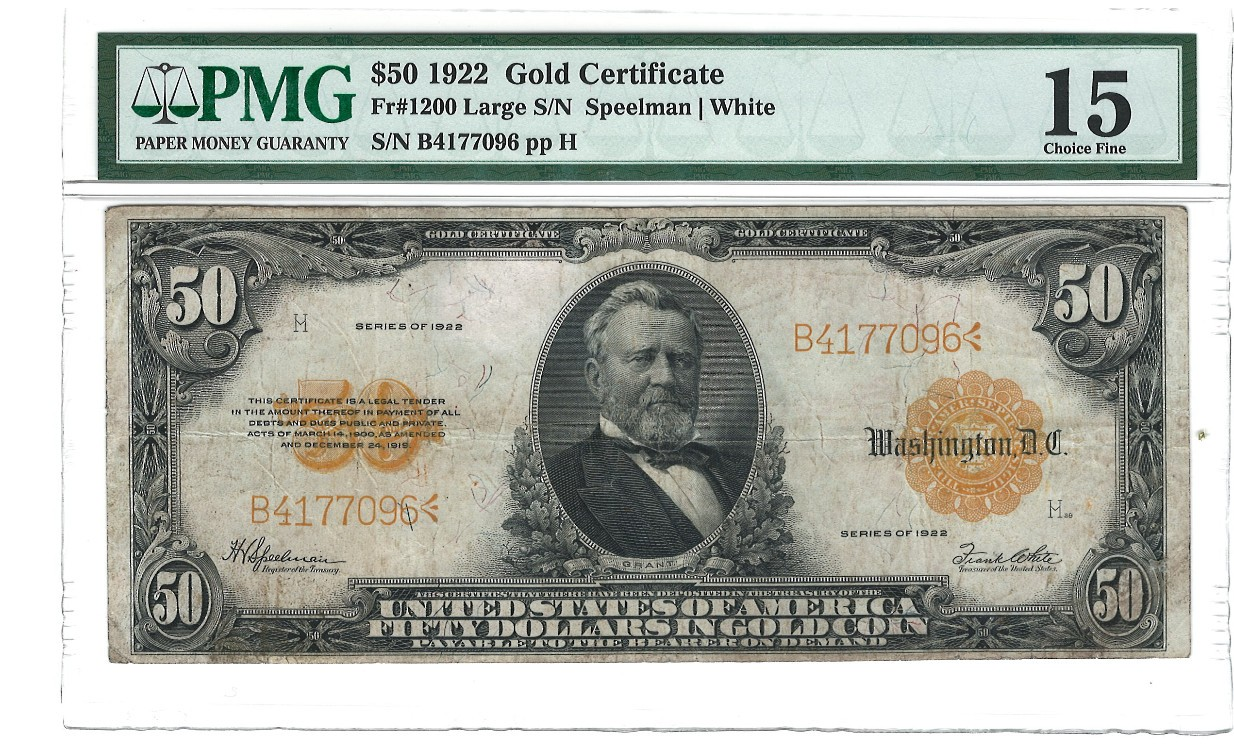 1922 $50 Gold Certificate PMG 15 Fr#1200 Large Serial Numbers Large ...
