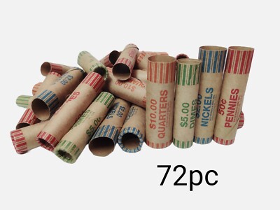 72 Preformed Coin Wrappers Paper Tubes assorted Quarter Dime Nickel ...