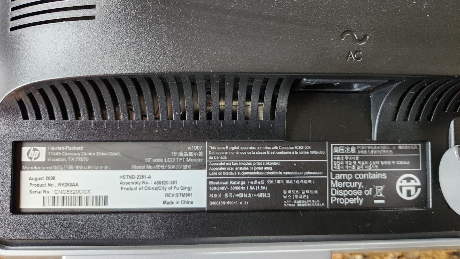 HP w1907 Widescreen LCD Monitor 19" DVI VGA 435820-101 RK283AA Built-in ...