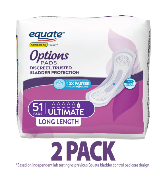 Equate Options Incontinence Pads for Women, Ultimate, Long, 51-102 ...